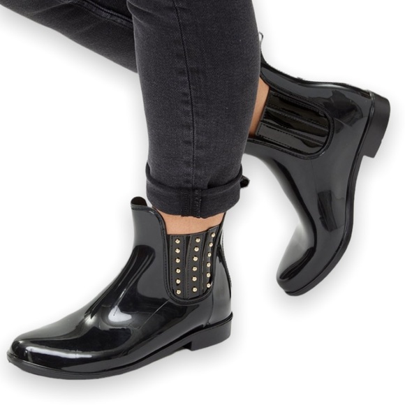 Rachel Zoe | Shoes | Black Studded Shiny Rubber Rain Boots Outdoor ...